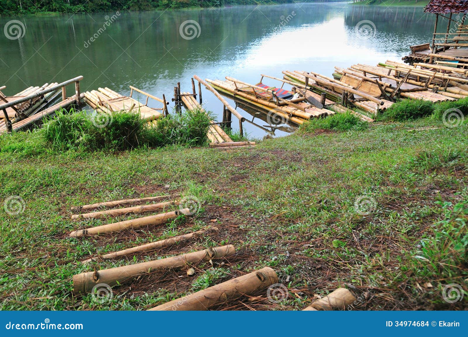 Waterfront of Reservoir with Handmade Bamboo Raft Stock Photo - Image ...