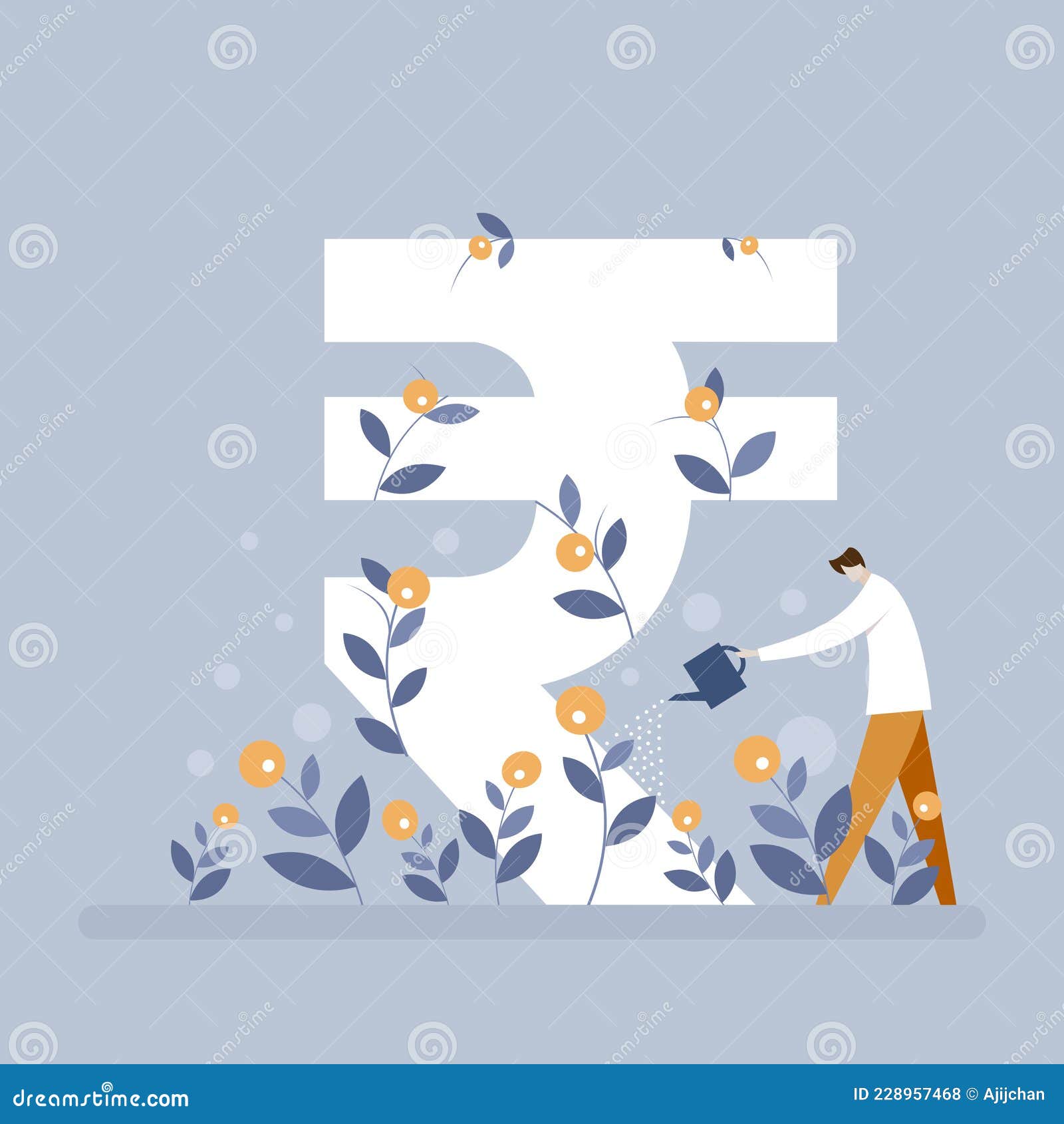 A Man Watering the Plants Growing on a Big Rupee Symbol Stock Vector ...