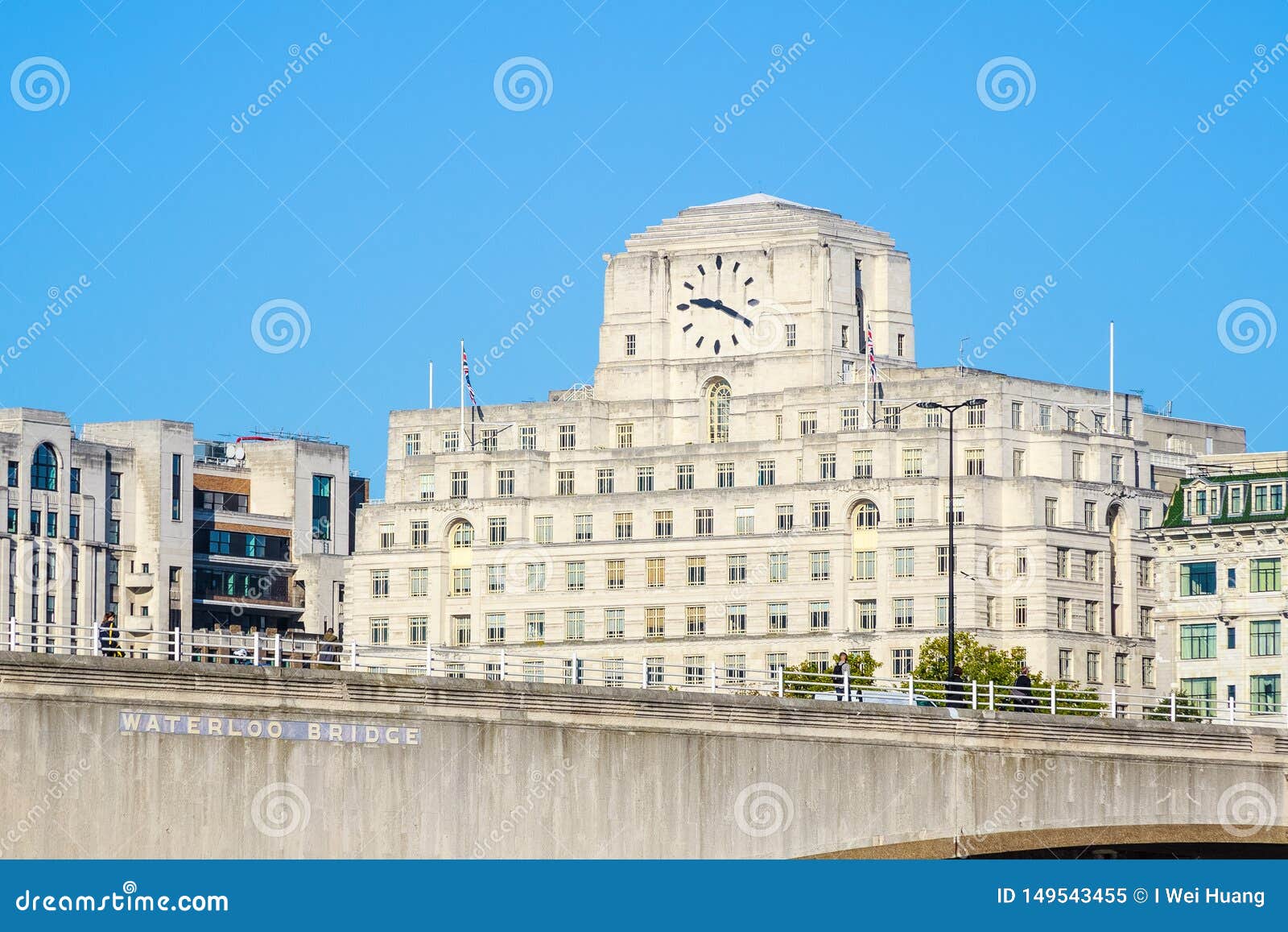 Waterloo Bridge and Facade of Shell Mex House in London Stock Image ...