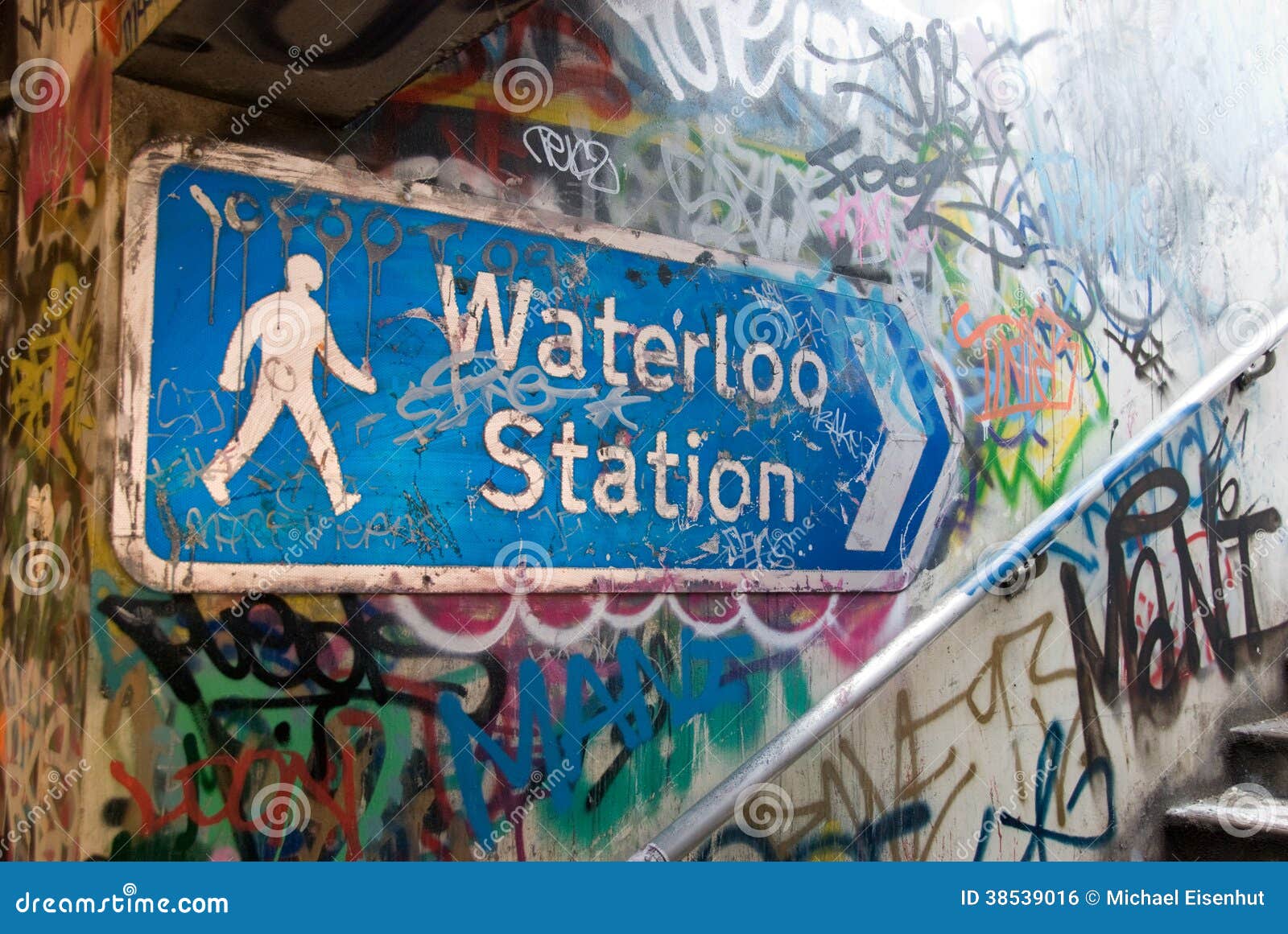 Waterloo Station Sign with Graffiti Stock Photo - Image of sign ...
