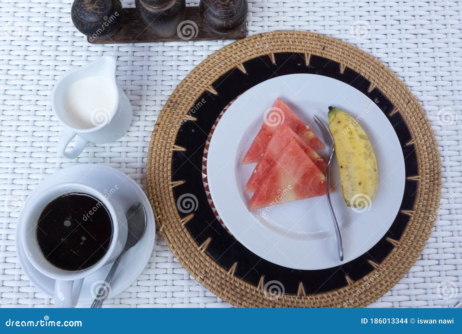 Watermelon, Banana and Coffee Stock Photo - Image of boiled, high ...