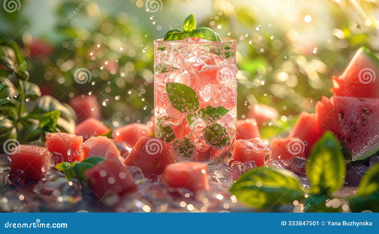 Watermelon Basil Juice Floating with Basil Leaves and Watermelon Cubes Stock Illustration ...