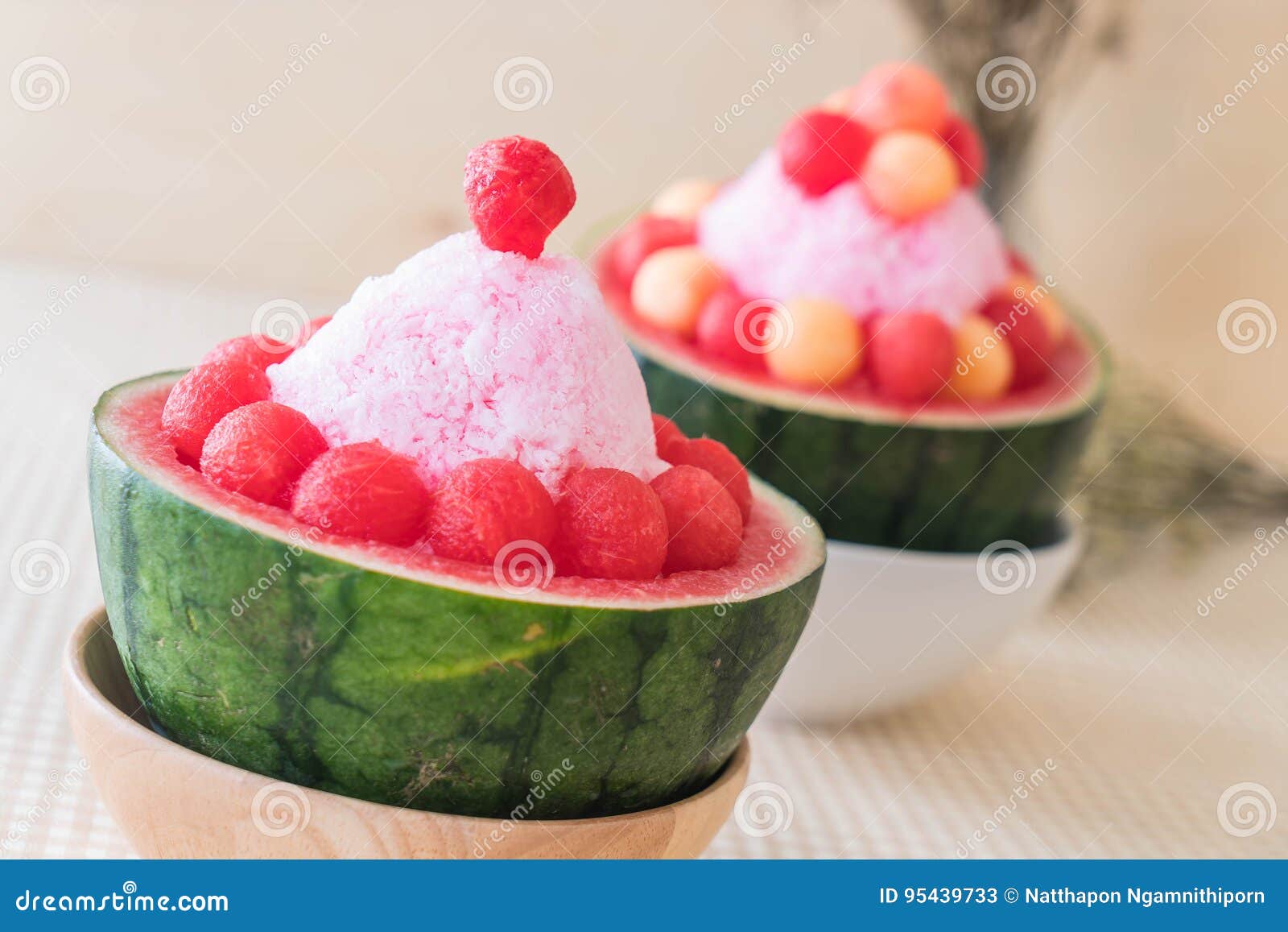 Bingsu Dessert, Fruit Bingsu Cantaloupe And Watermelon With Milk Cream ...