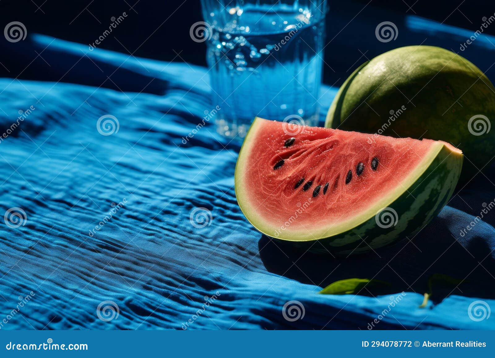 Watermelon on a Blue Cloth with a Glass of Water in the Background ...
