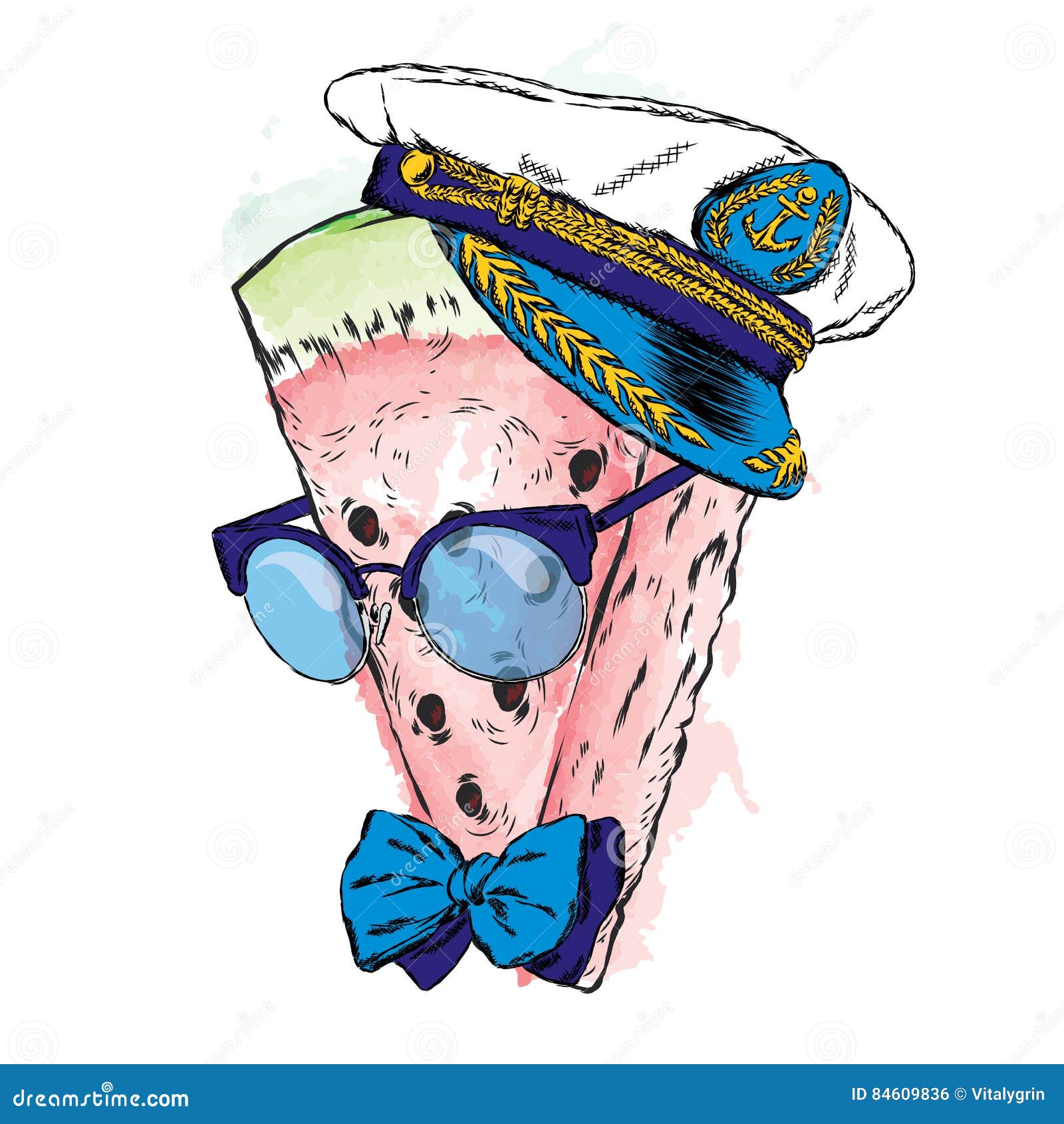 Watermelon in the Captain`s Cap and Glasses. Vector Illustration. Stock ...