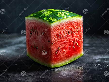 A Watermelon Cube on a Black Surface Stock Image - Image of produce ...