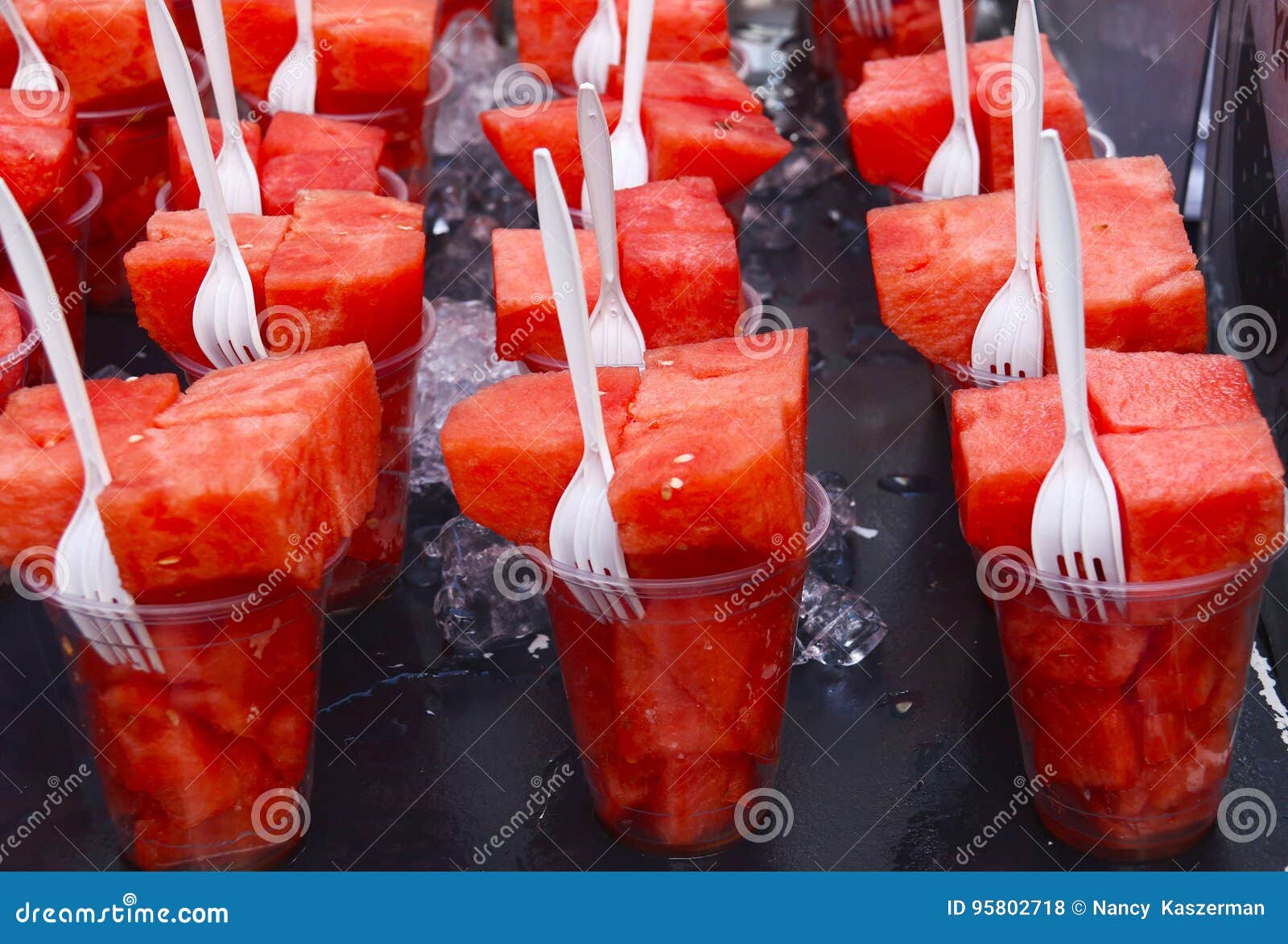 Watermelon in a Cup with a Plastic Fork Stock Photo - Image of cubed ...