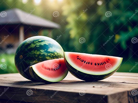 Watermelon Cut on the Table on a Blurred Rustic Background with Bright Greenery Stock ...