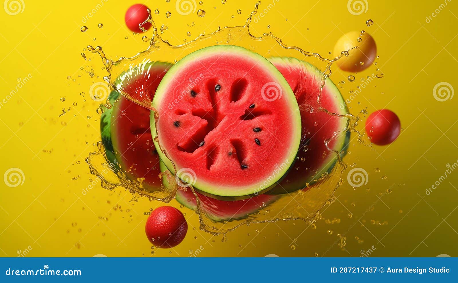 Watermelon Dropped on the Yellow Water Surface with Watermelon Slice ...