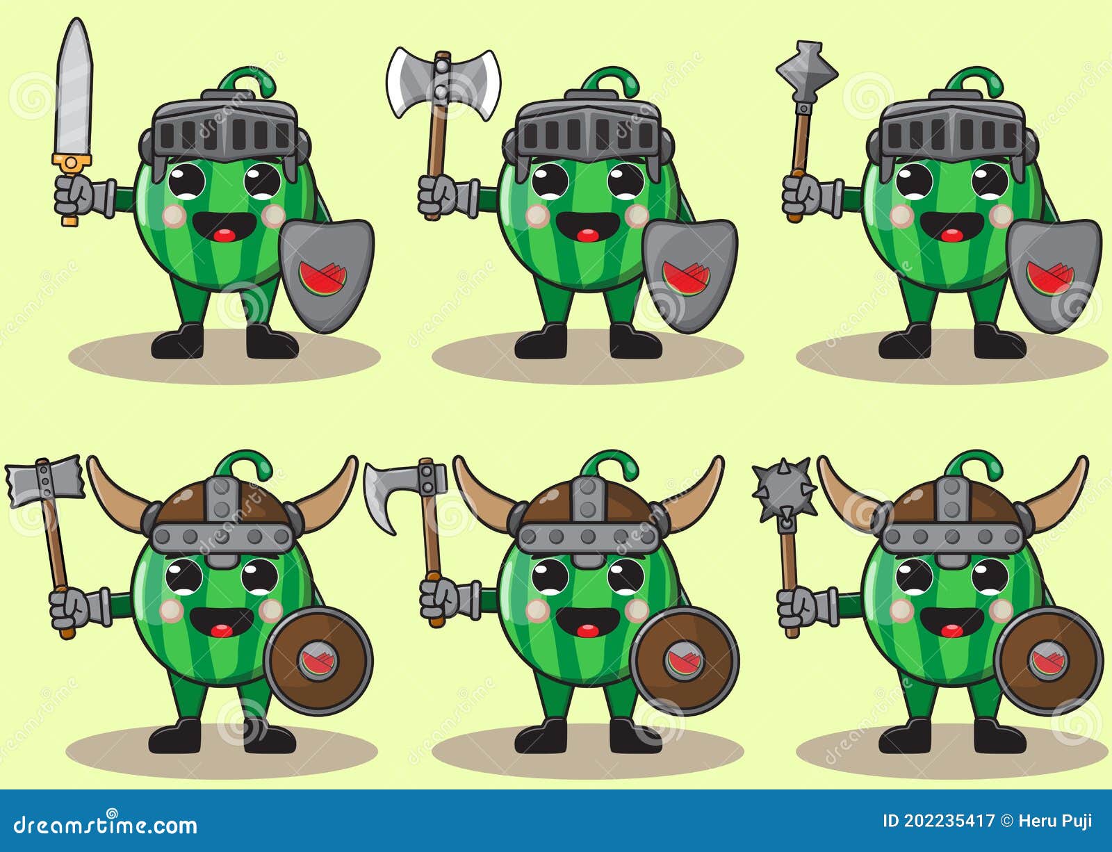 Cartoon Watermelon Emotion Set 4 Knight Sword And Shield ...