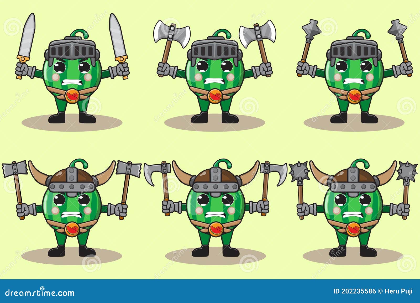 Cartoon Watermelon Emotion Set 6 Knight Dual Weapon Stock Vector ...