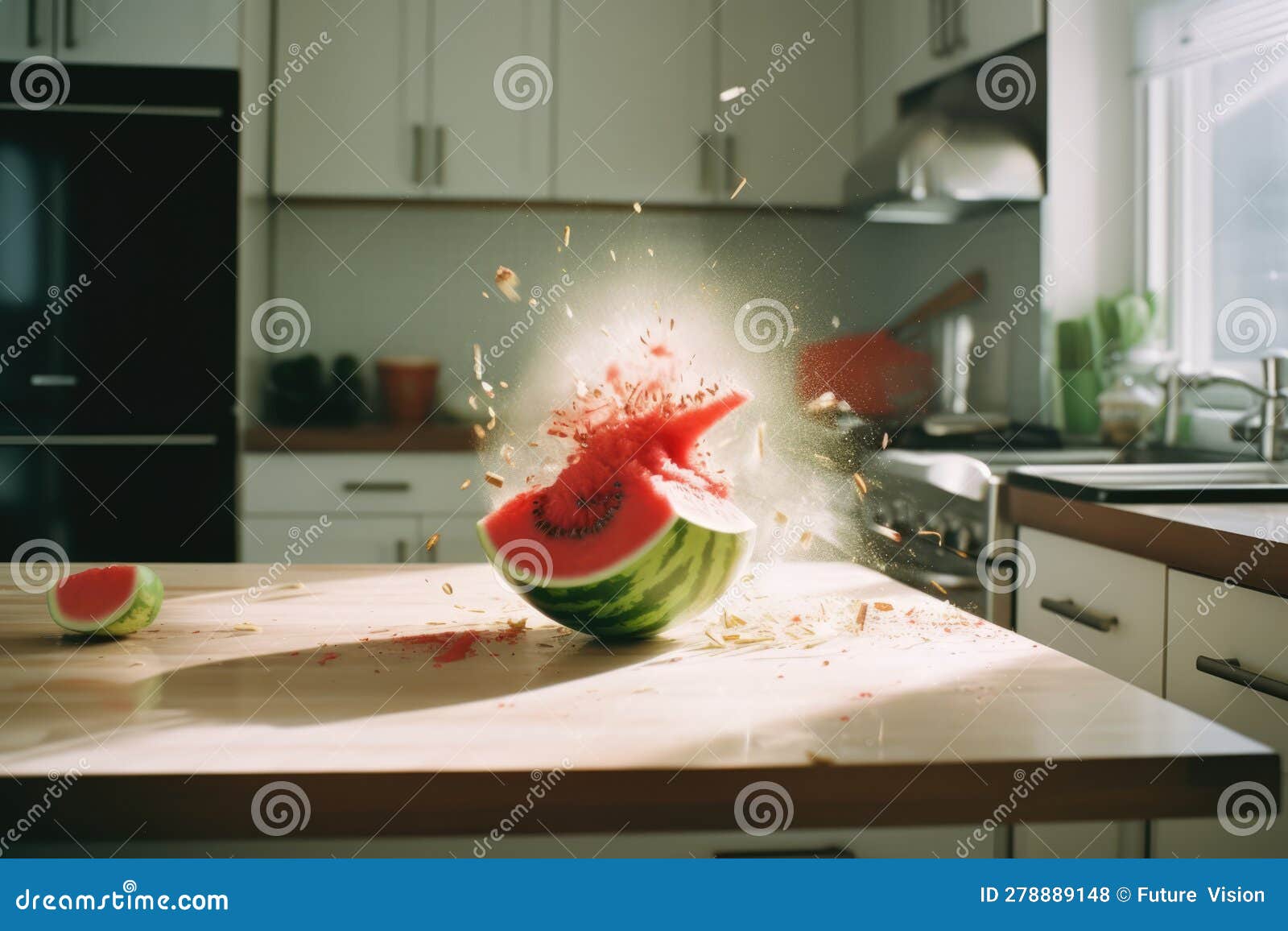 Watermelon Exploding on Countertop in Kitchen Created Using Generative ...