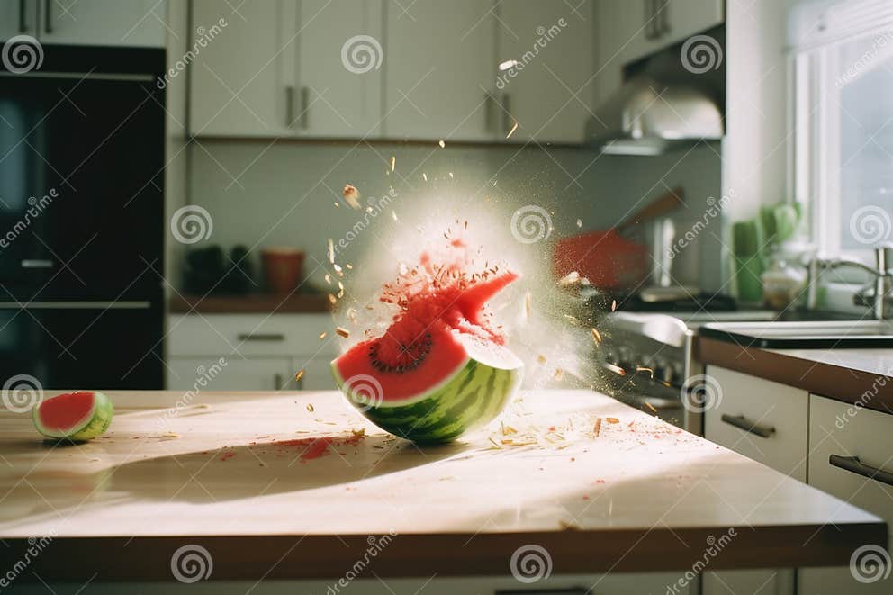 Watermelon Exploding on Countertop in Kitchen Created Using Generative ...
