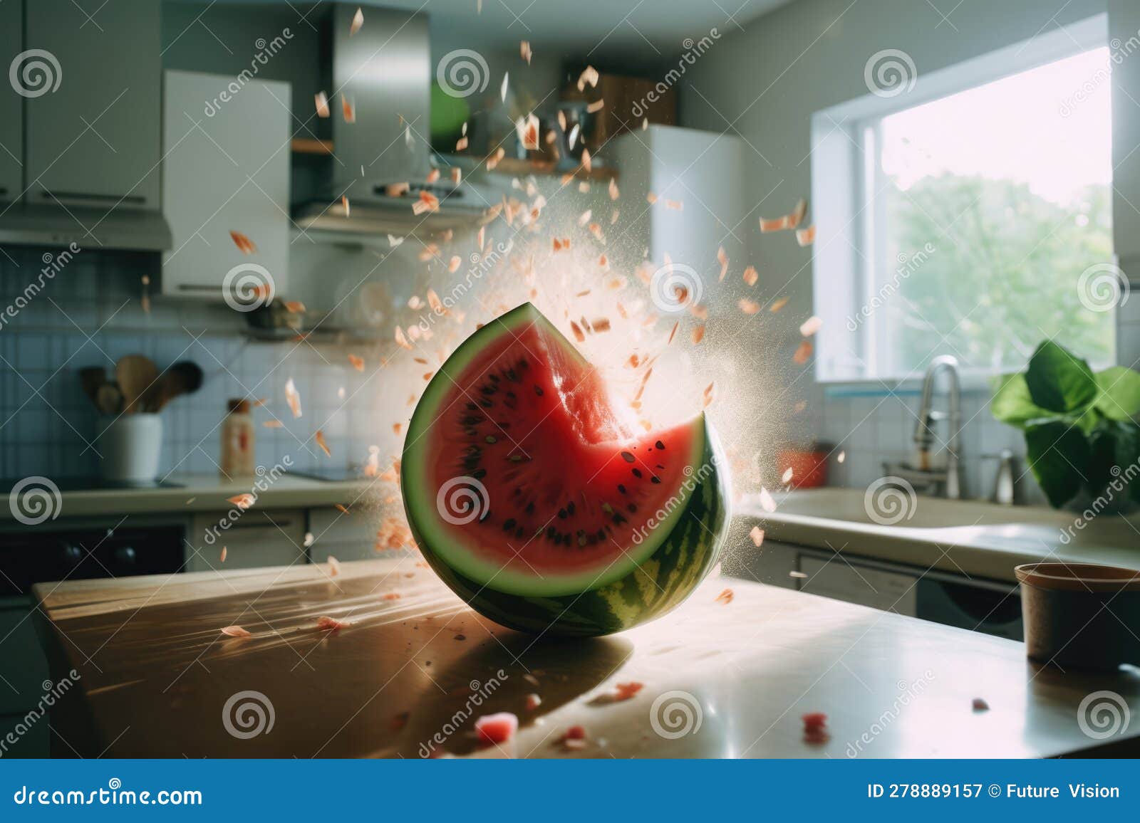 Watermelon Exploding on Countertop in Kitchen Created Using Generative ...
