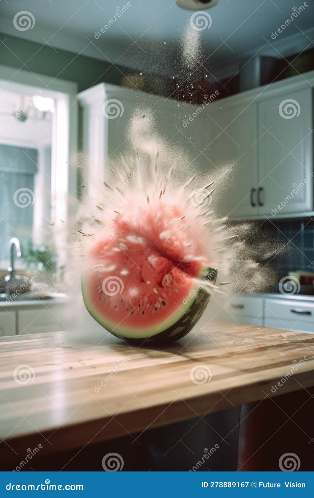 Watermelon Exploding on Countertop in Kitchen Created Using Generative ...