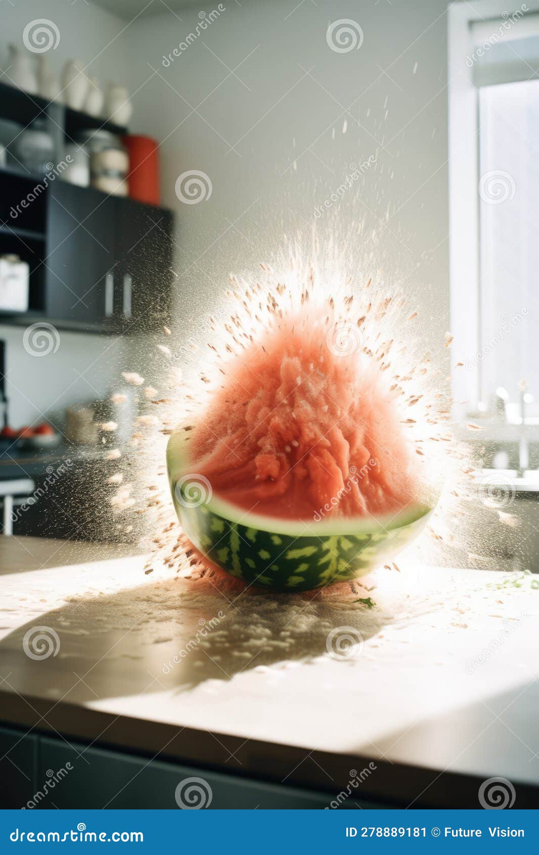 Watermelon Exploding on Countertop in Kitchen Created Using Generative ...