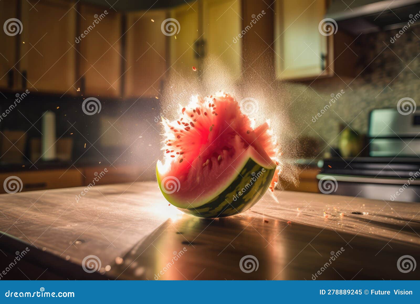 Watermelon Exploding on Countertop in Kitchen Created Using Generative ...