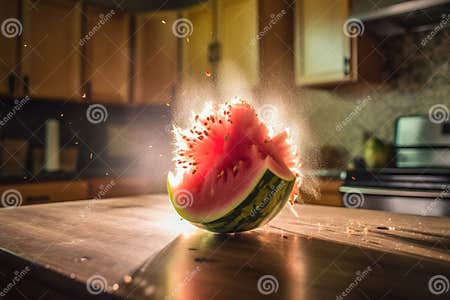 Watermelon Exploding on Countertop in Kitchen Created Using Generative ...