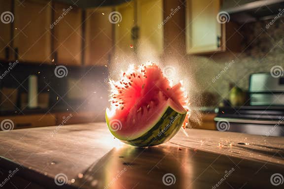 Watermelon Exploding on Countertop in Kitchen Created Using Generative ...