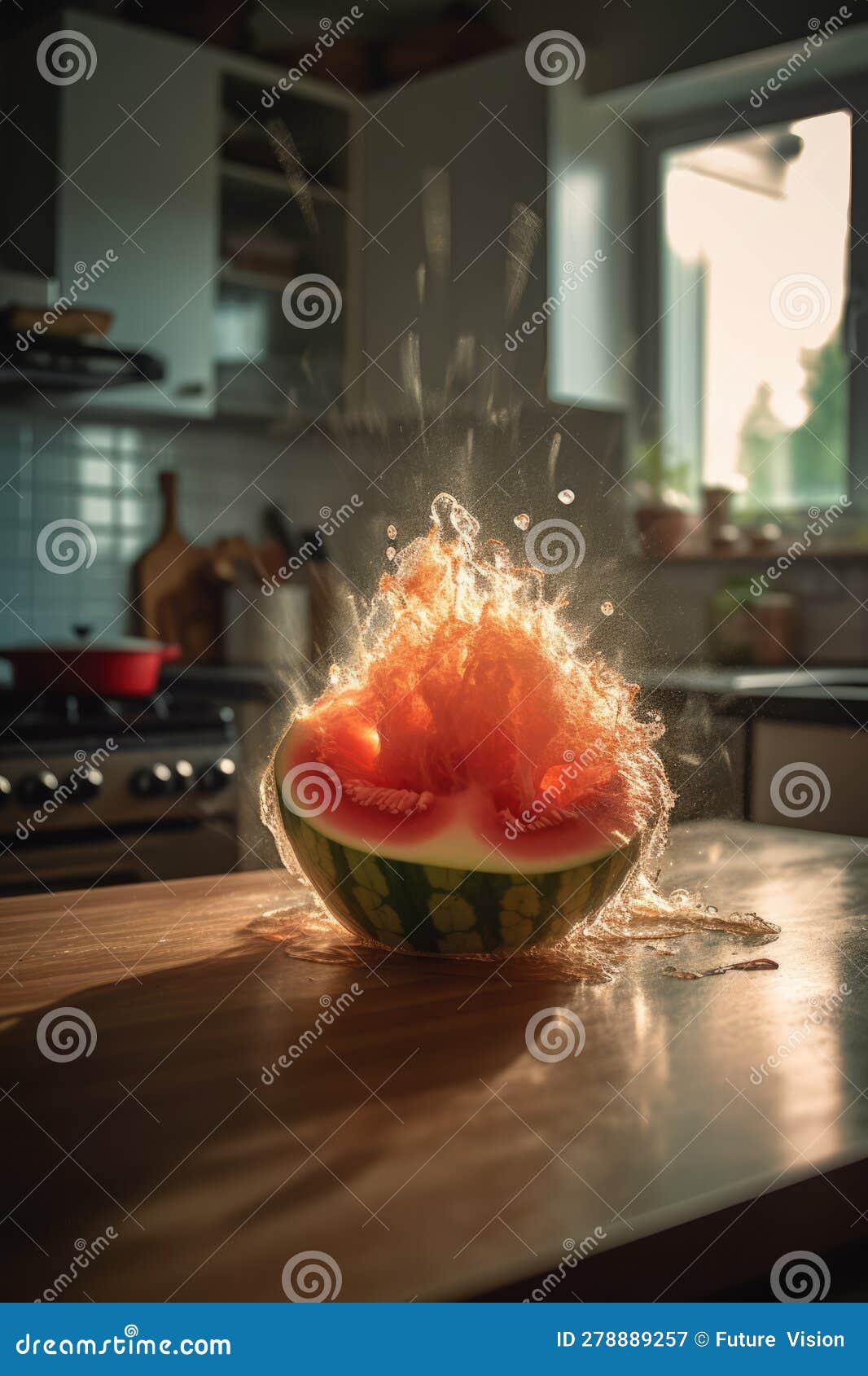 Watermelon Exploding on Countertop in Kitchen Created Using Generative ...