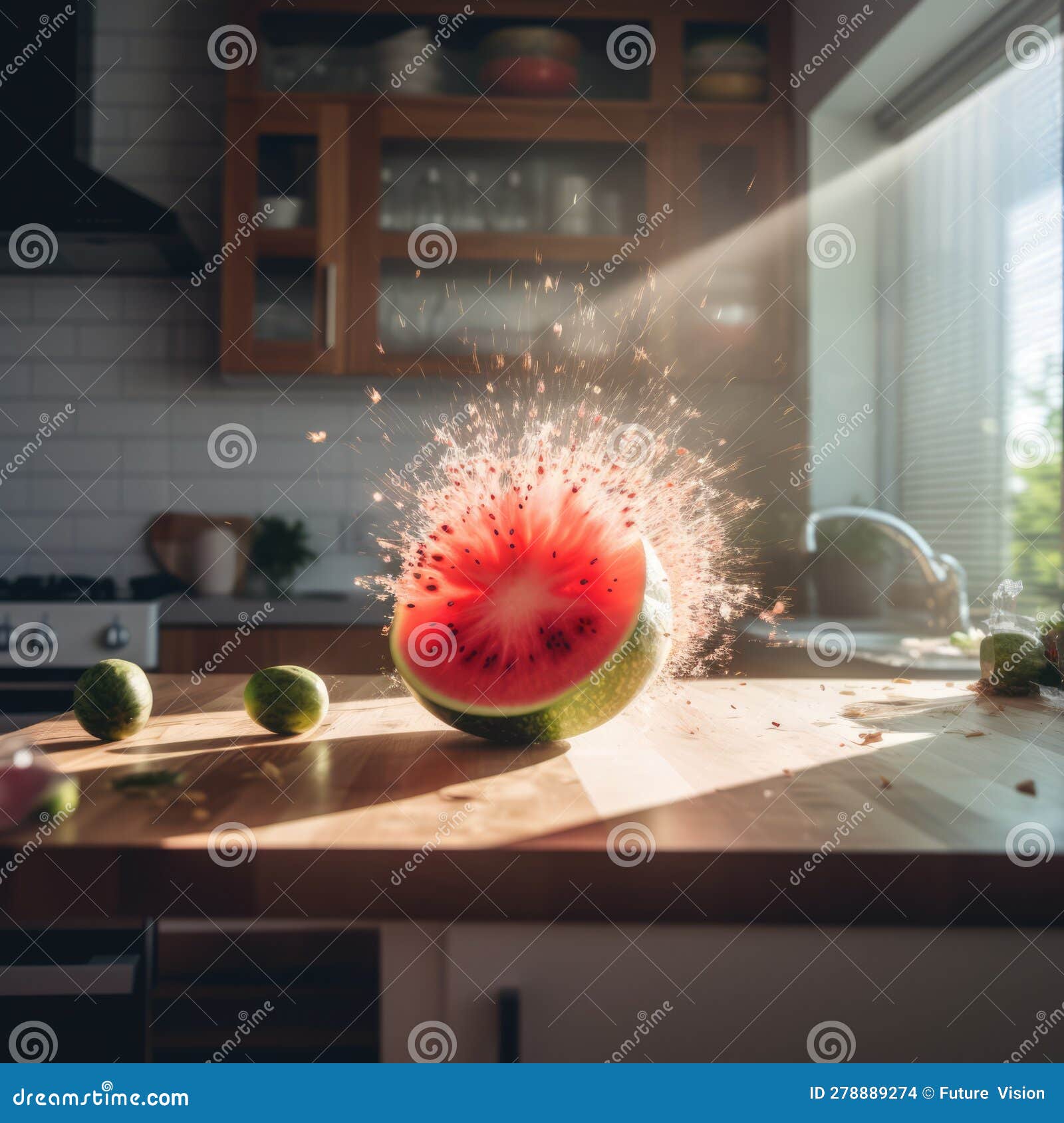 Watermelon Exploding on Countertop in Kitchen Created Using Generative ...