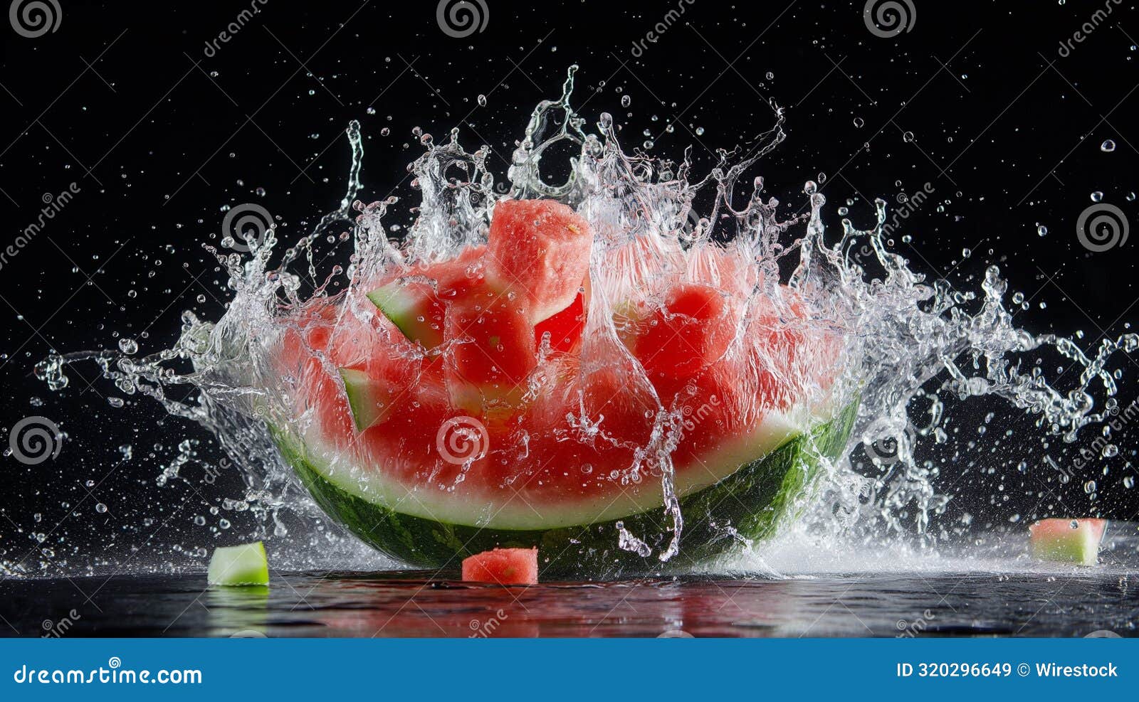 Watermelon Exploding at the Moment of Impact, Set Against a Stark Black ...