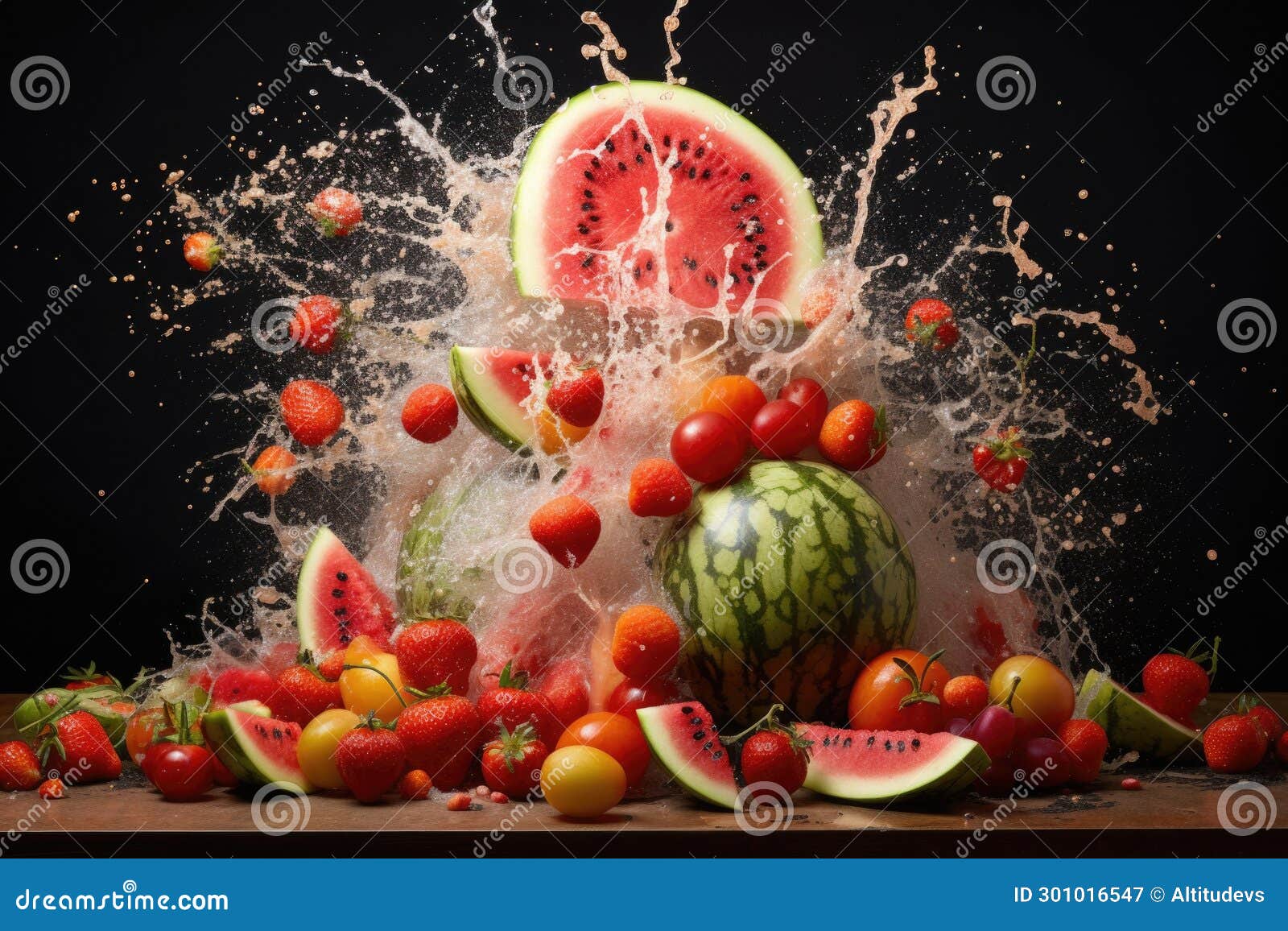 Watermelon Exploding from Pressure, Surrounded by Other Summer Fruits ...