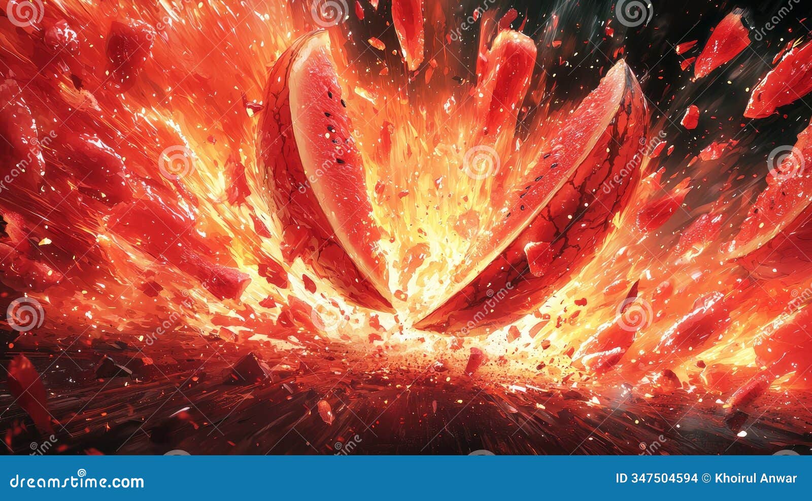 Watermelon Exploding into a Fiery Explosion with Chunks of Fruit Flying ...