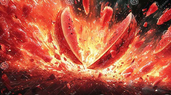 Watermelon Exploding into a Fiery Explosion with Chunks of Fruit Flying ...