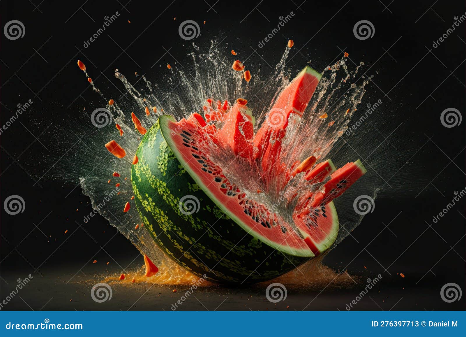 Watermelon with Explosive Splashes and Drops of Water on a Black ...