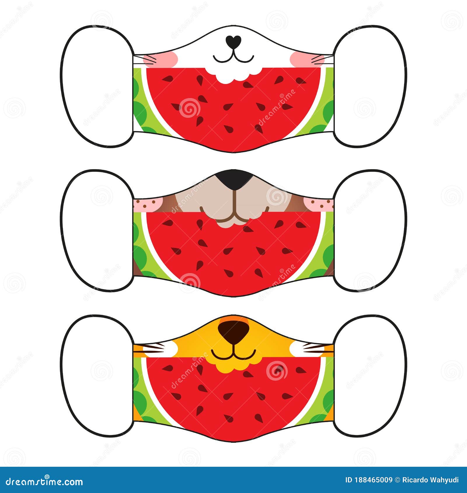 Set of Reusable Masks with Cute Animals Eating Watermelon Slice Stock ...