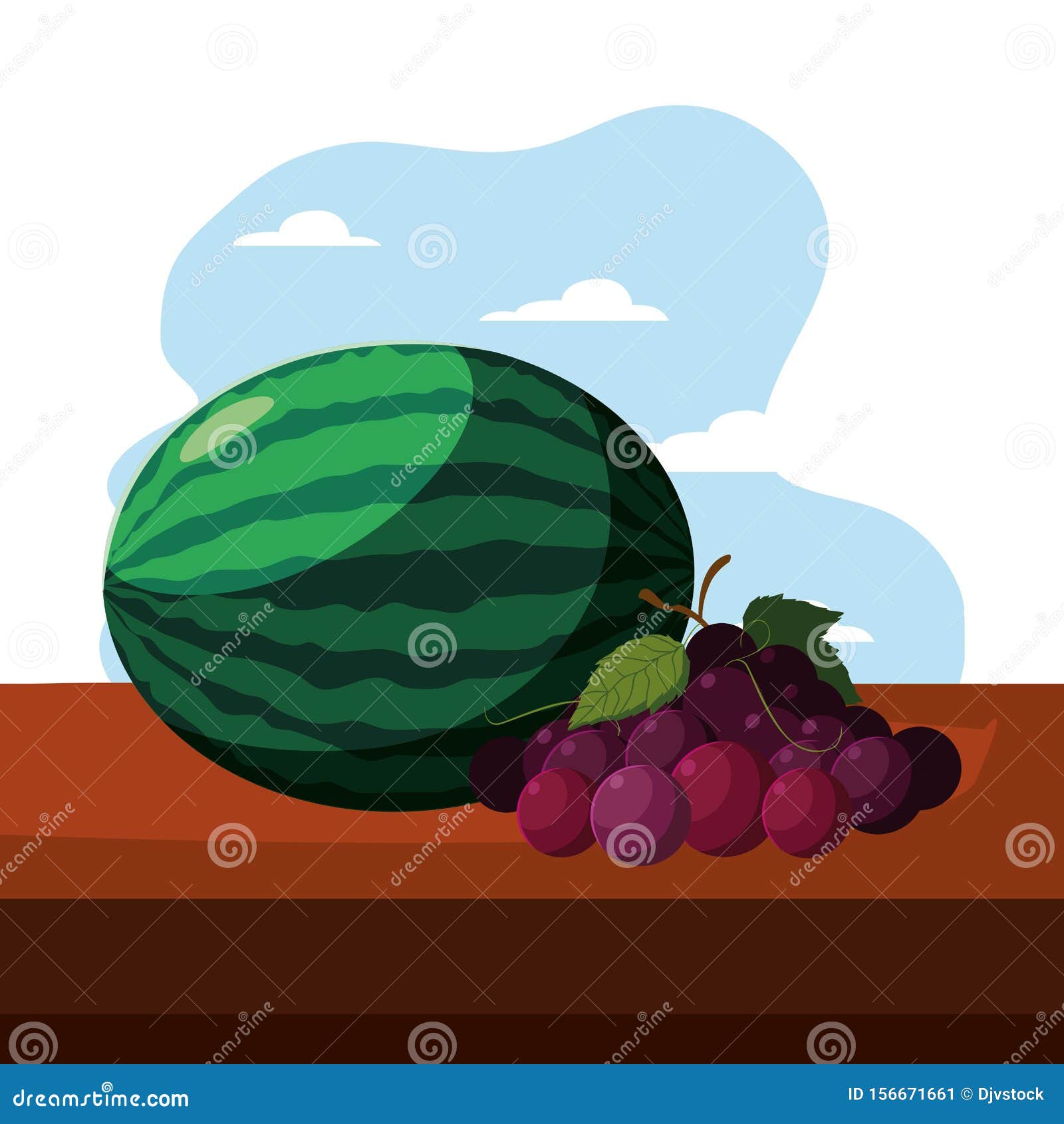 Watermelon and Grapes Fresh Fruit on Table Outdoors Stock Illustration ...