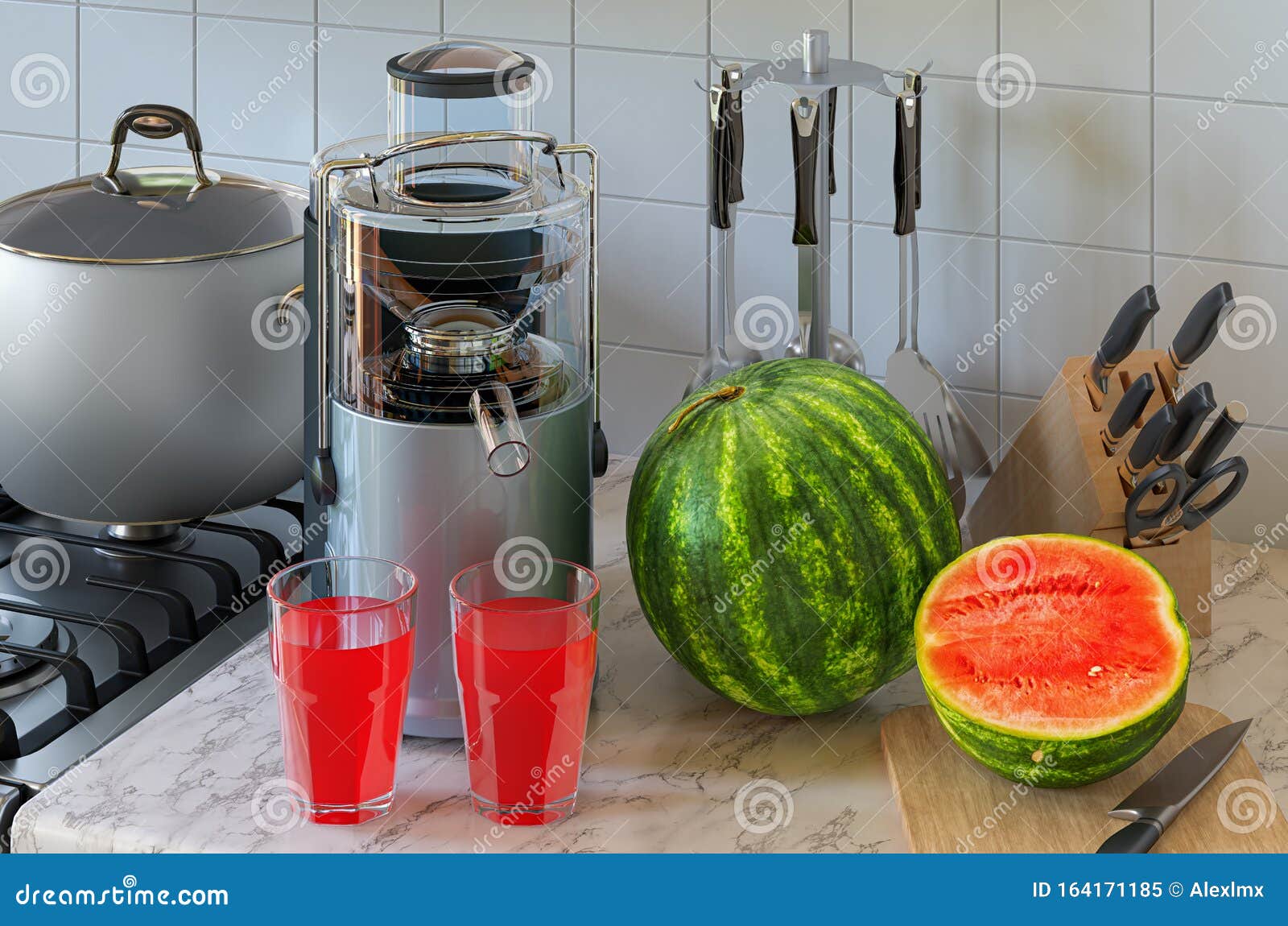 Watermelon Juice and Electric Juicer on Kitchen Table. 3D Rendering ...
