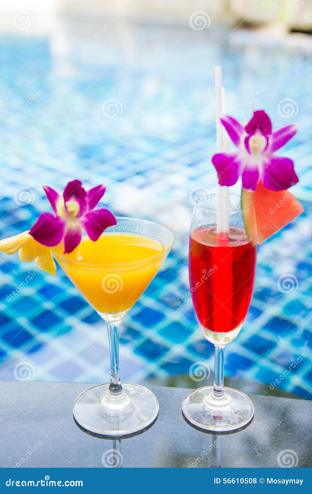 Watermelon Juice and Pineapple Juice by the Pool Stock Photo - Image of ...