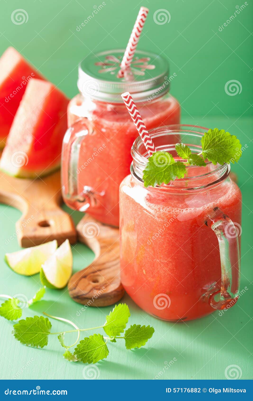 Watermelon Lime Smoothie in Mason Jars Stock Photo - Image of detox ...