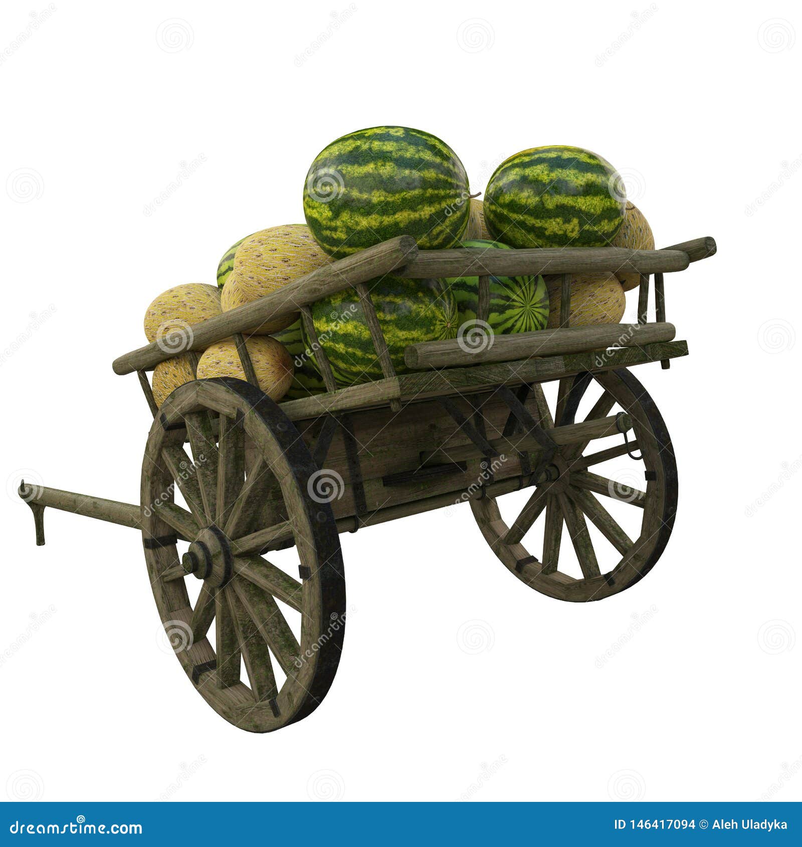 Watermelon and Melon in a Wooden Cart Stock Illustration - Illustration ...