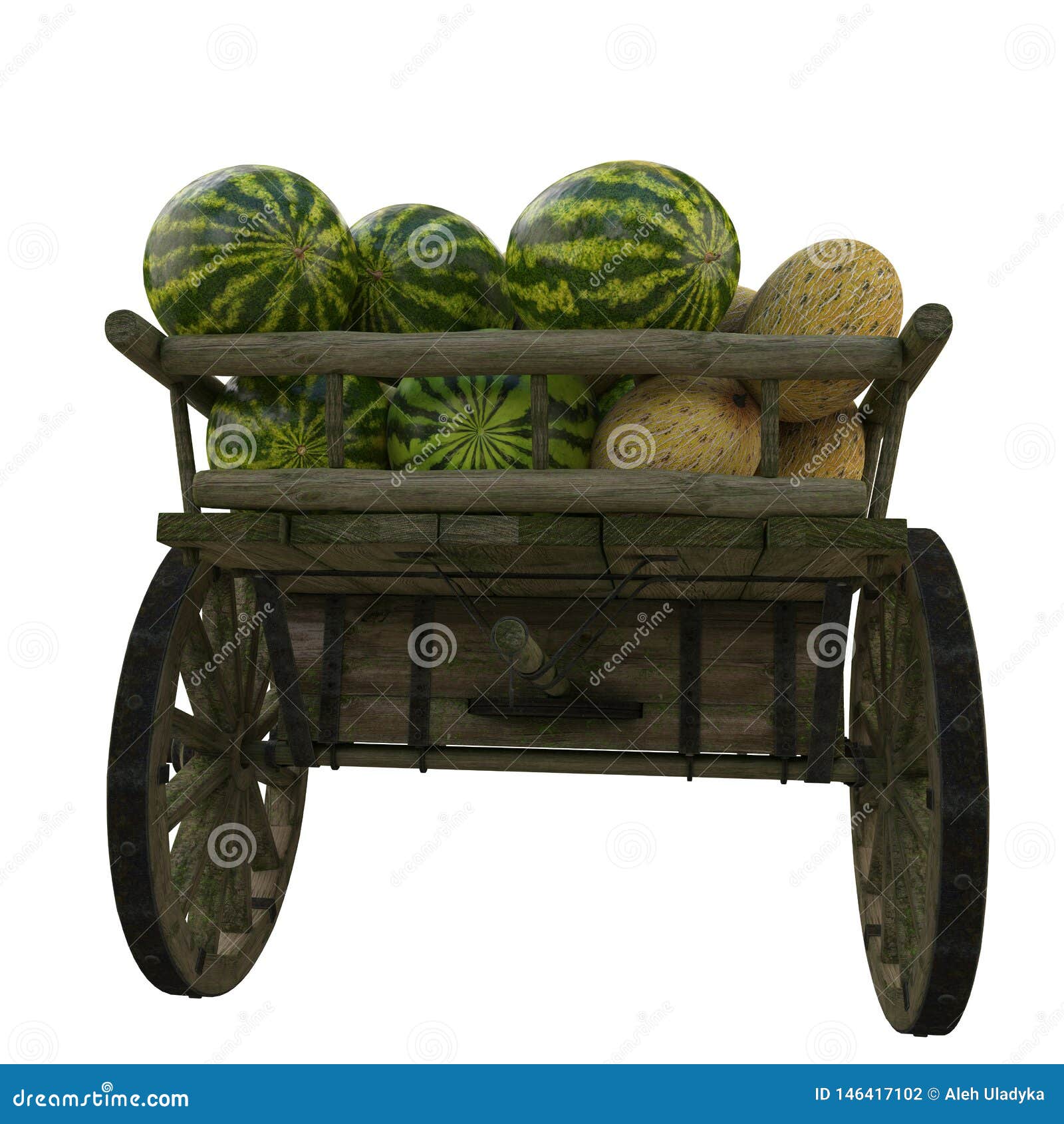 Watermelon and Melon in a Wooden Cart Stock Illustration - Illustration ...
