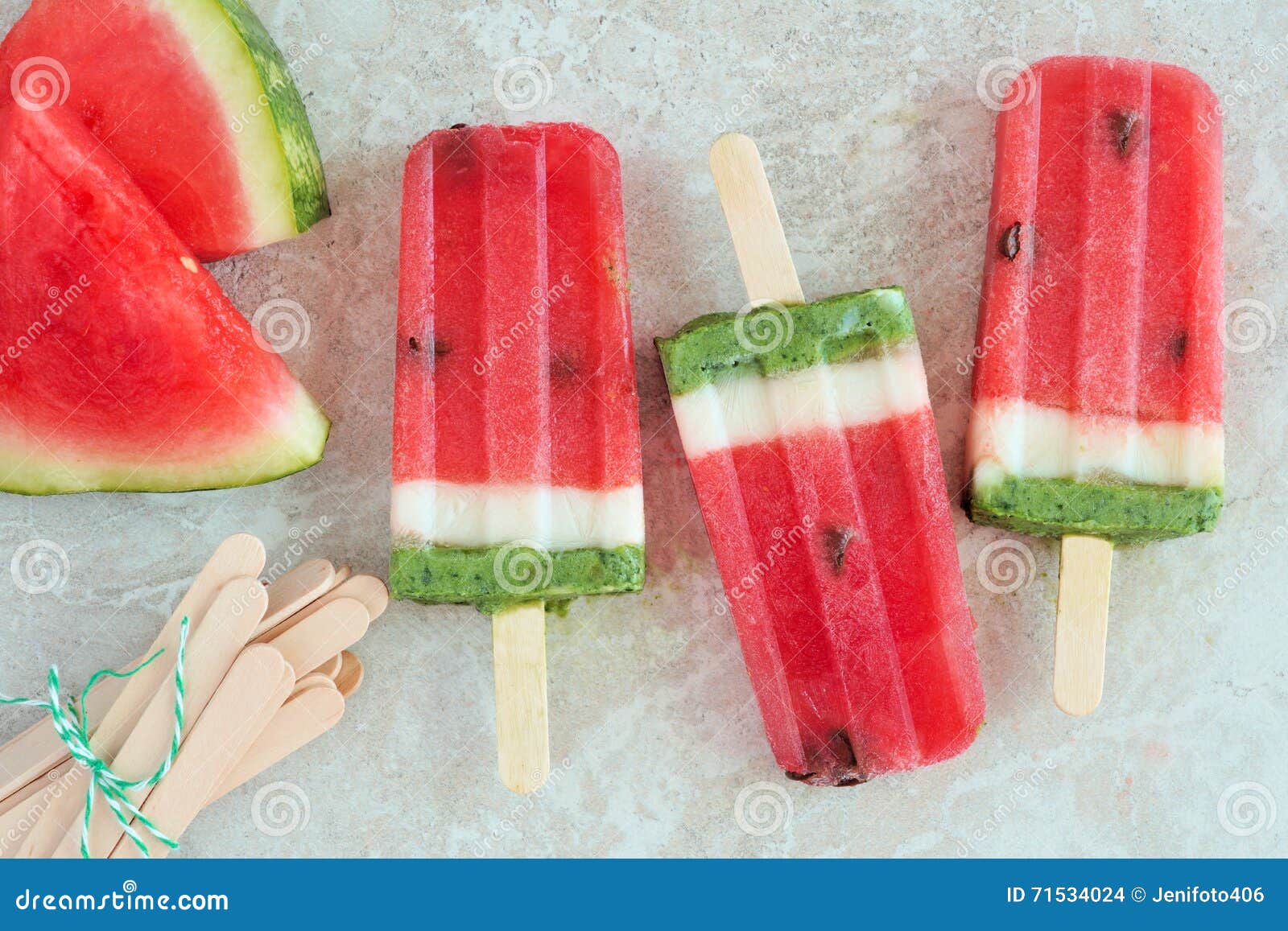 Watermelon Popsicles with Fresh Melon Slices on White Marble Stock ...