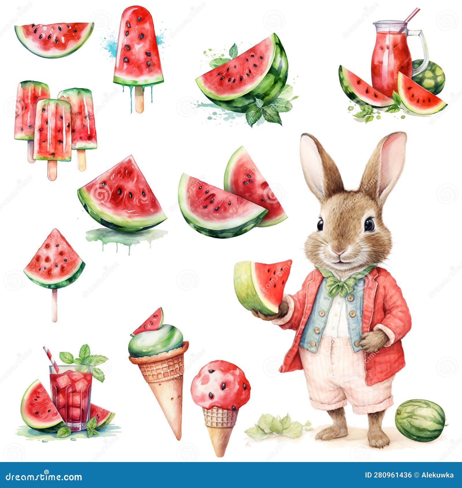 Watermelon and Rabbit Watercolor Drawing, Summer Pattern, Fruit Sticker ...