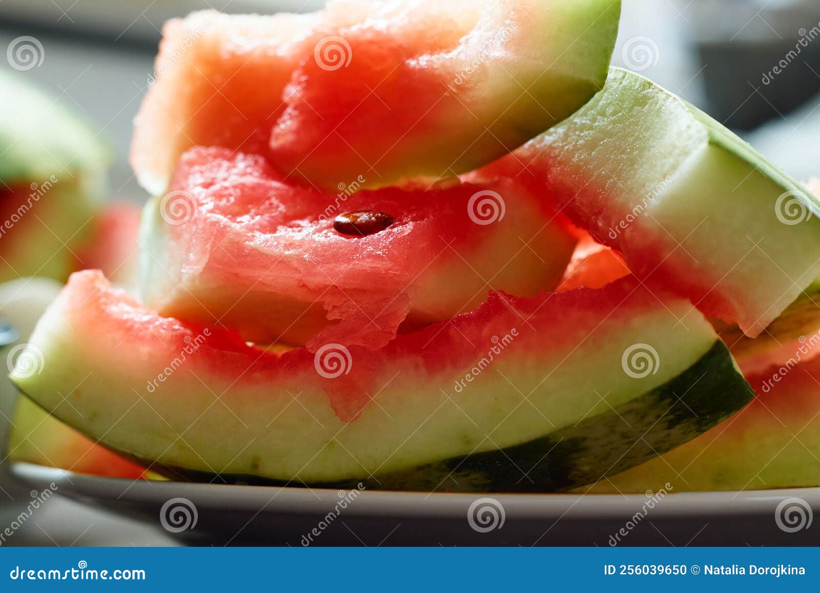 Watermelon Rinds Lie on a Plate. Close-up. Selective Focus Stock Photo ...