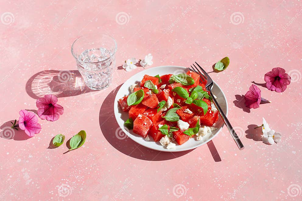 Watermelon Salad With Feta Cheese And Basil Healthy Summer Dessert Stock Image Image Of Light