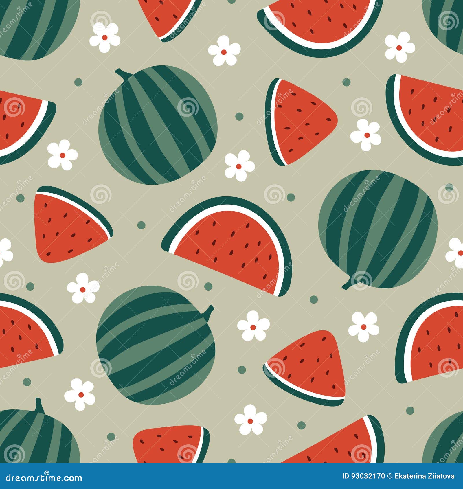 Watermelon Seamless Pattern with Flowers. Vector Illustration Stock ...