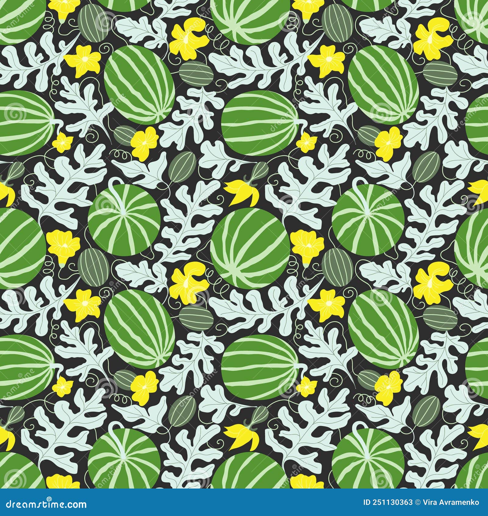 Watermelon Seamless Pattern, Leaves and Flowers on Dark Background ...