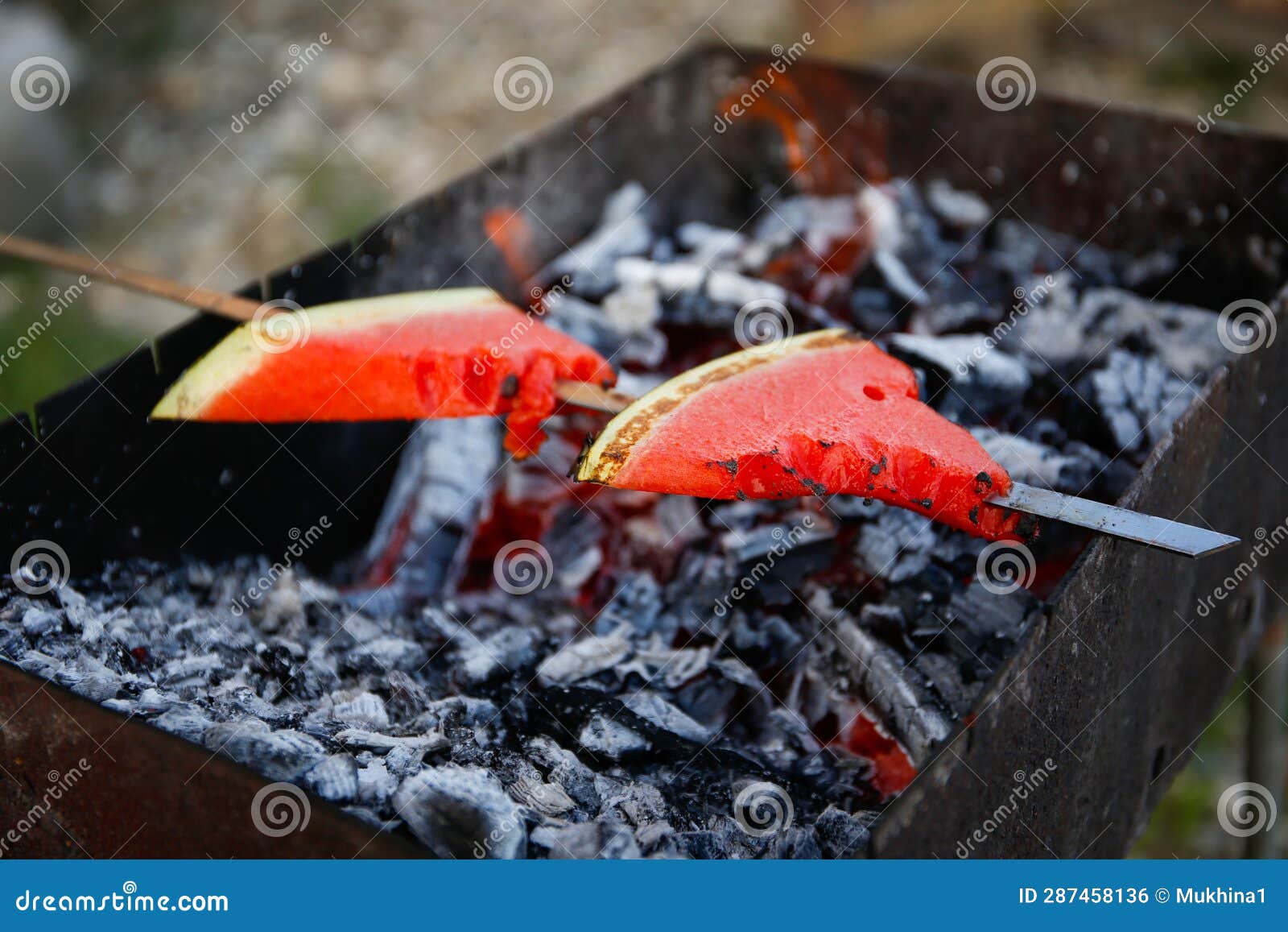Watermelon on a Skewer is Fried on a Fire Stock Photo - Image of sliced ...