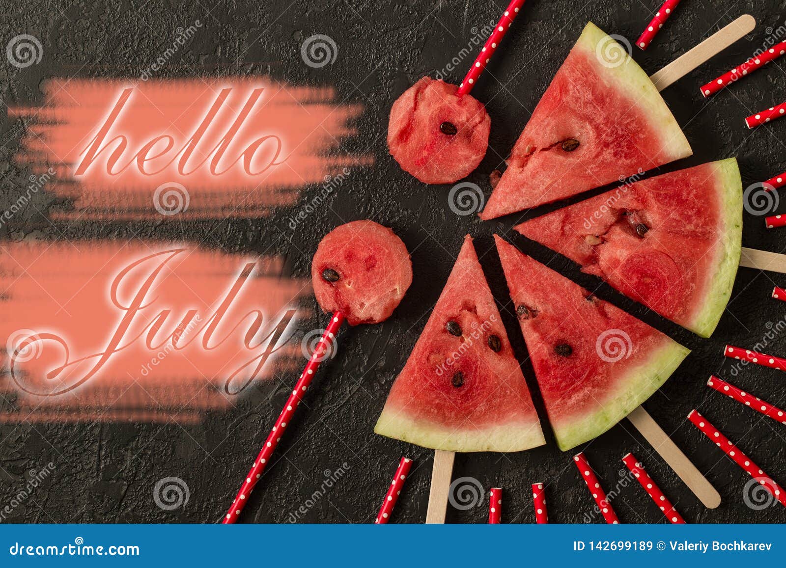 Watermelon Slice with Text Hello July, on Dark Background Stock Image ...