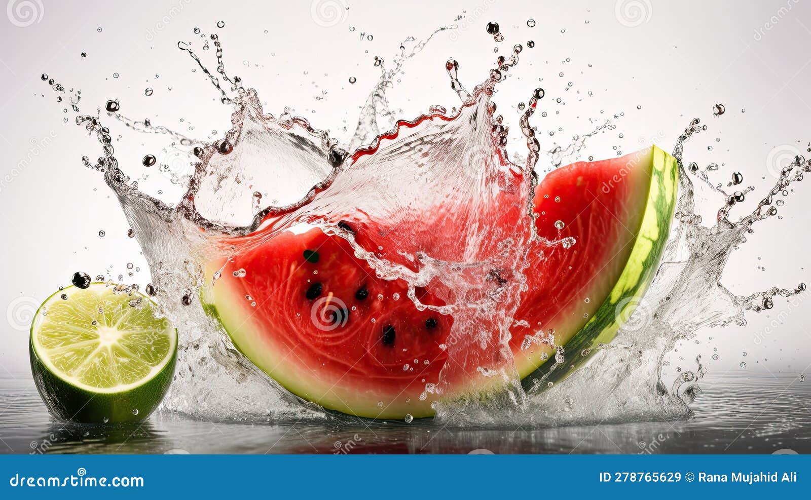 Watermelon Slices are Being Thrown into a Water Splash Stock ...