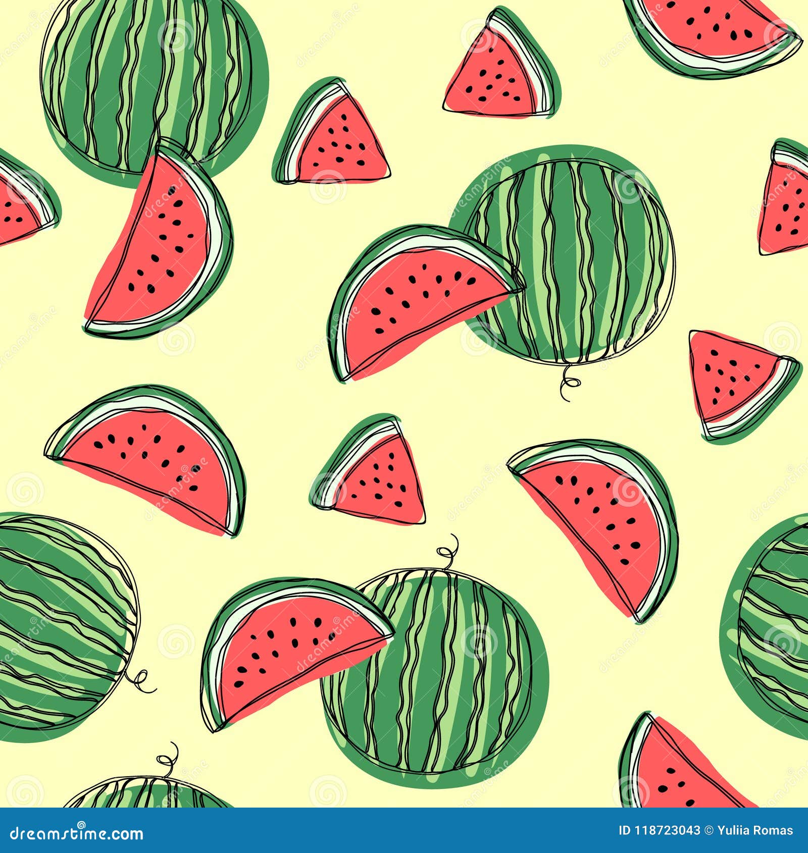 Watermelon Slices Seamless Pattern. Hand Draw Vector Illustration on ...