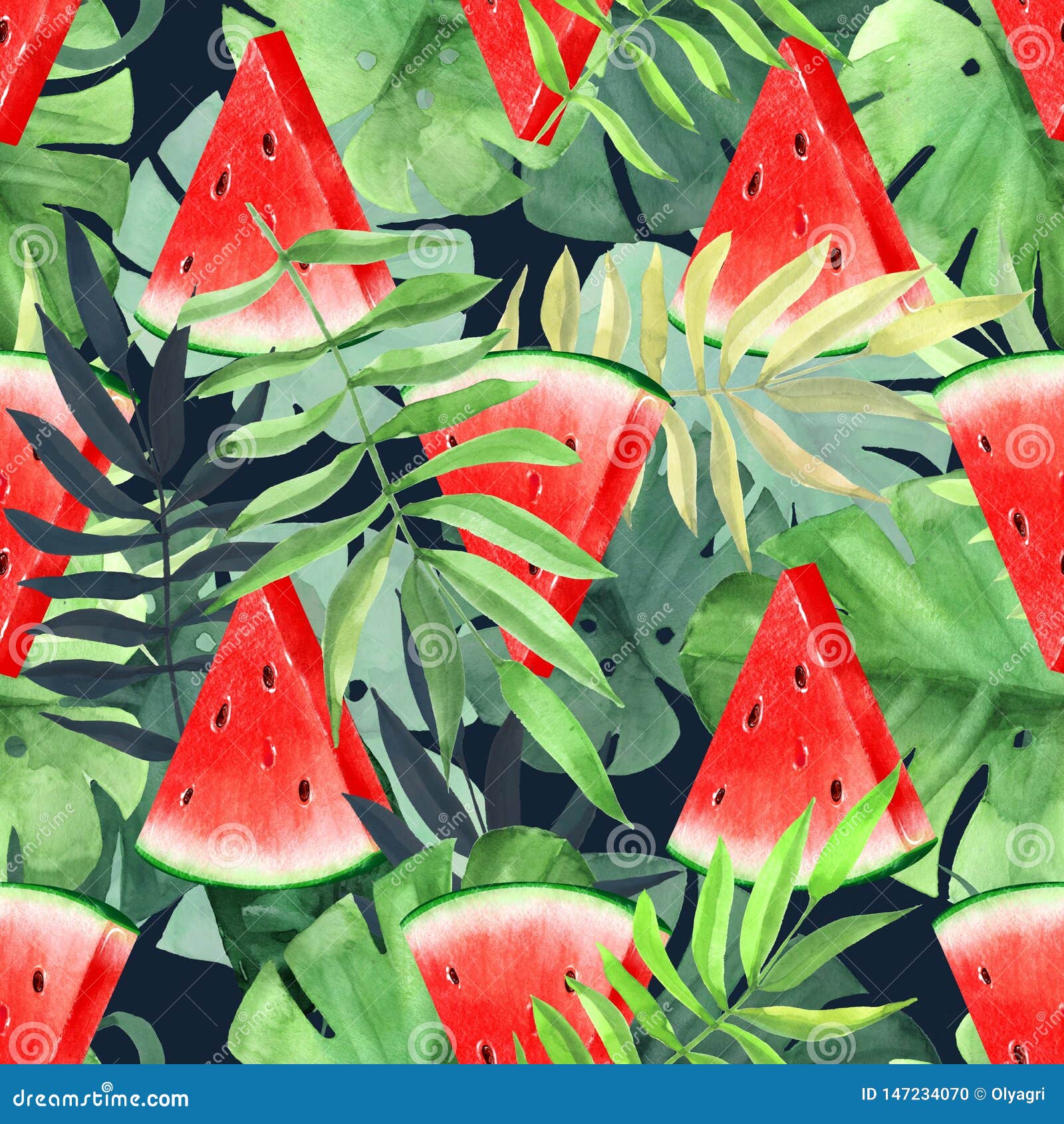 Watermelon Slices with Tropical Leaves. Seamless Pattern Stock ...