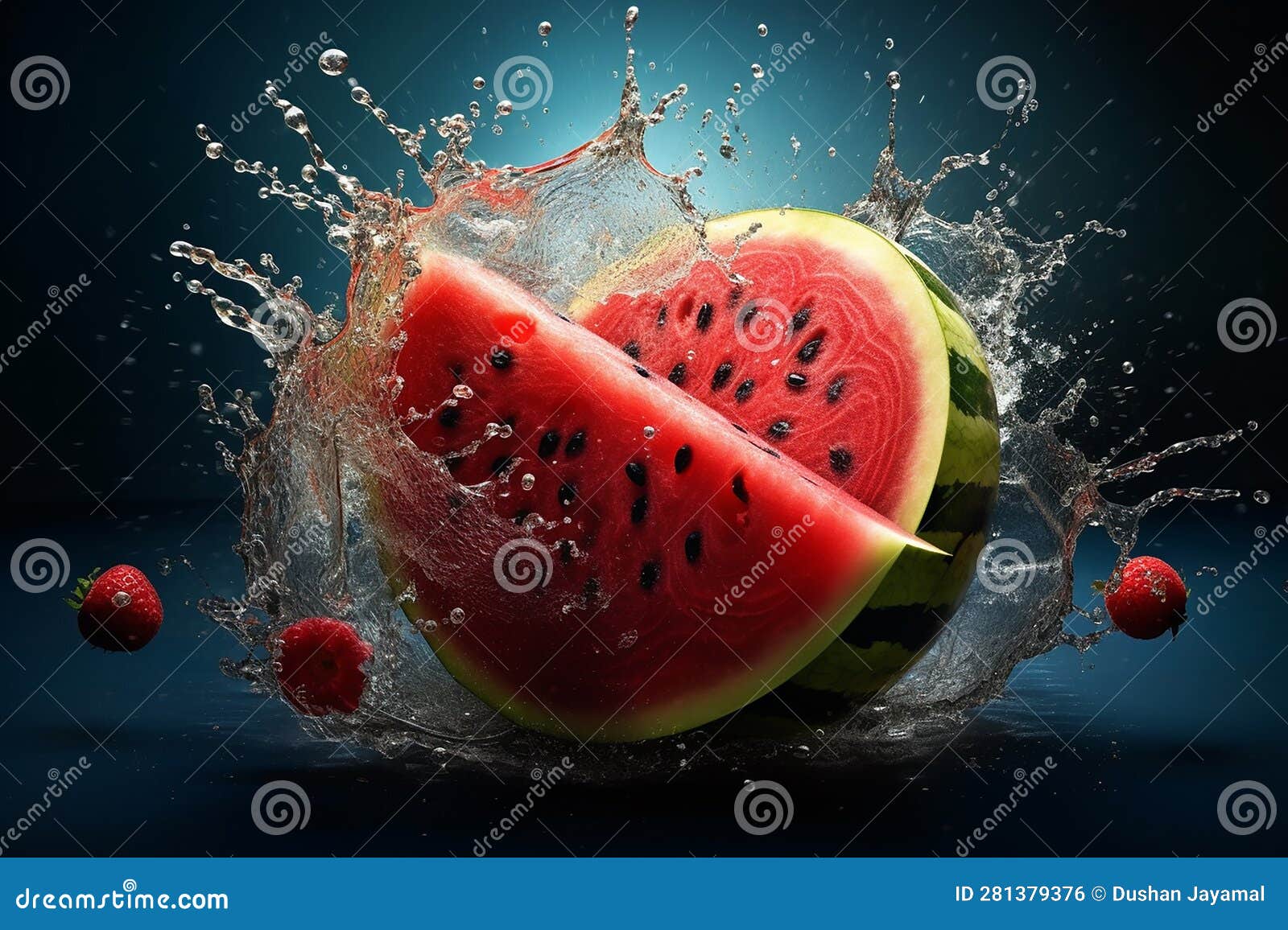A Watermelon is Splashed with Water, in the Style of Realistic Still ...