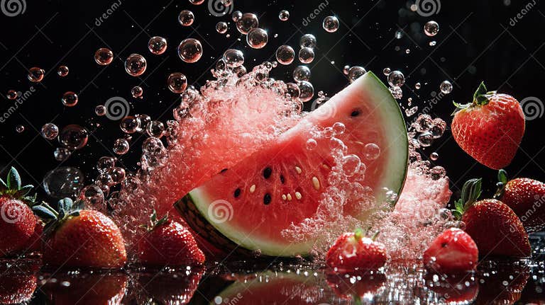 Watermelon and Strawberries Underwater with Vibrant Splash Effect Stock ...